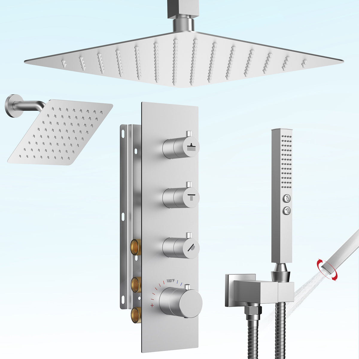 Bostingner 12+6 Inch Dual Shower Head Thermostatic Systems Brushed Nic