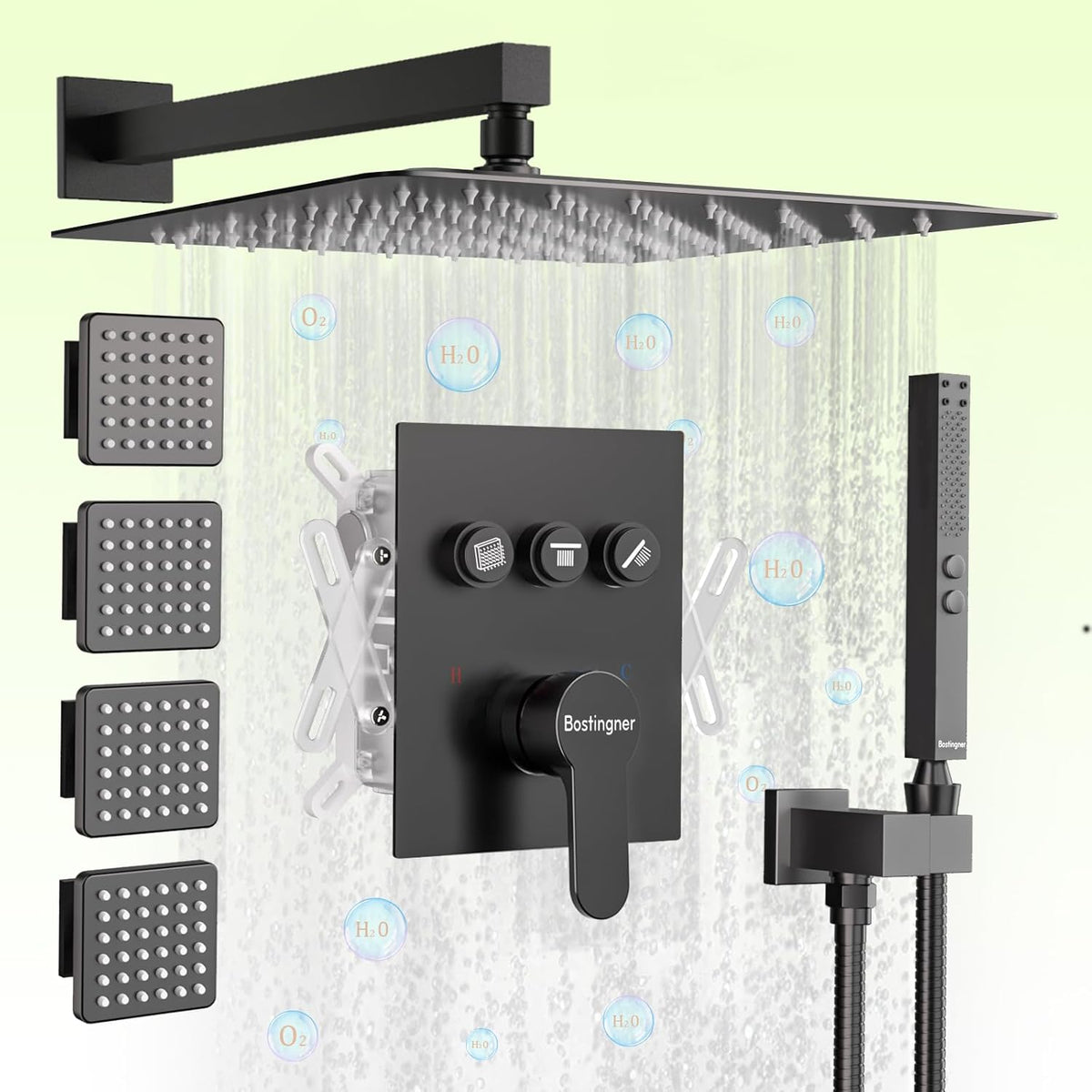Bostingner 3 Function Shower System Push Button Black 16 Inch