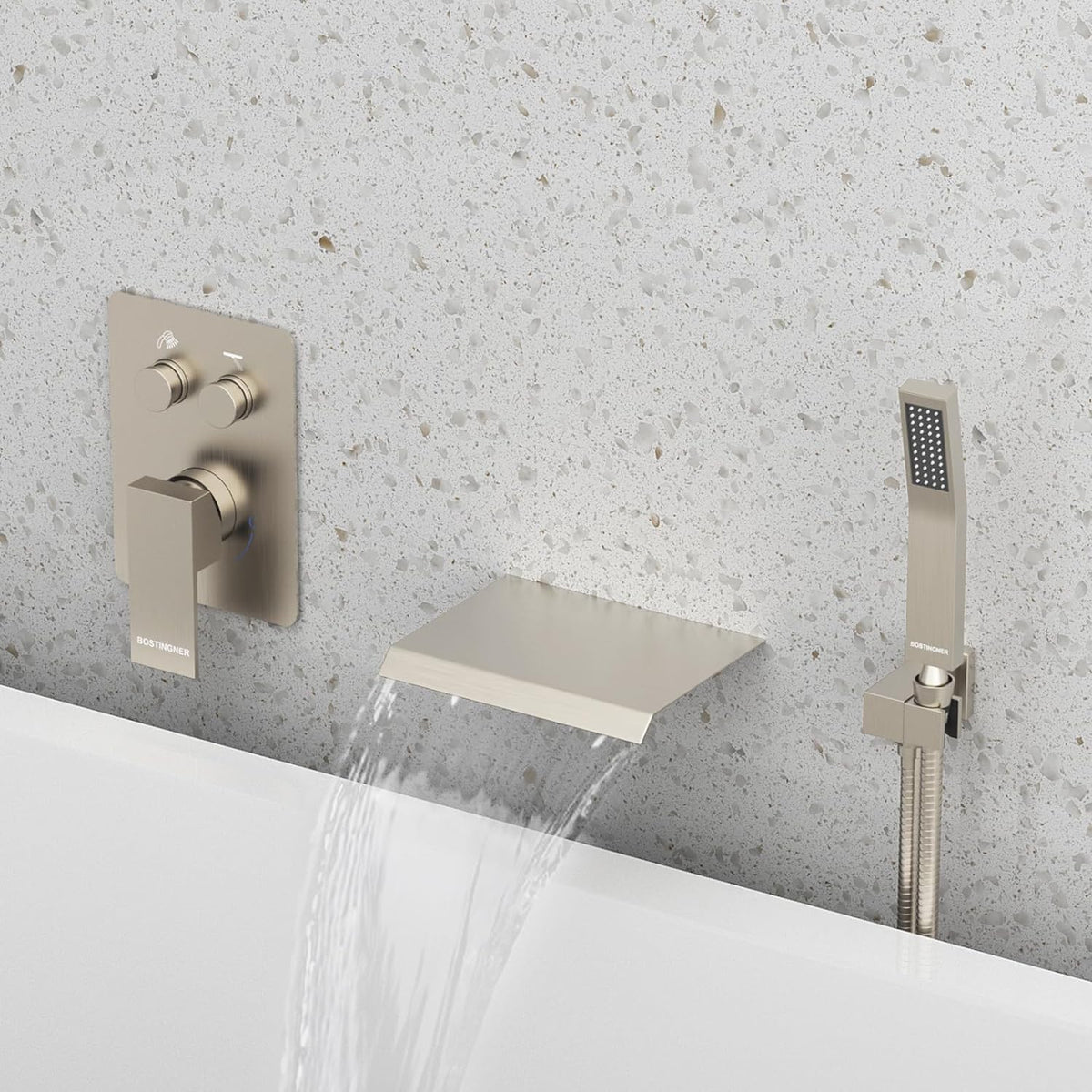 Bostingner 7.9" Waterfall Bathtub Faucet Set with Sprayer Push Button