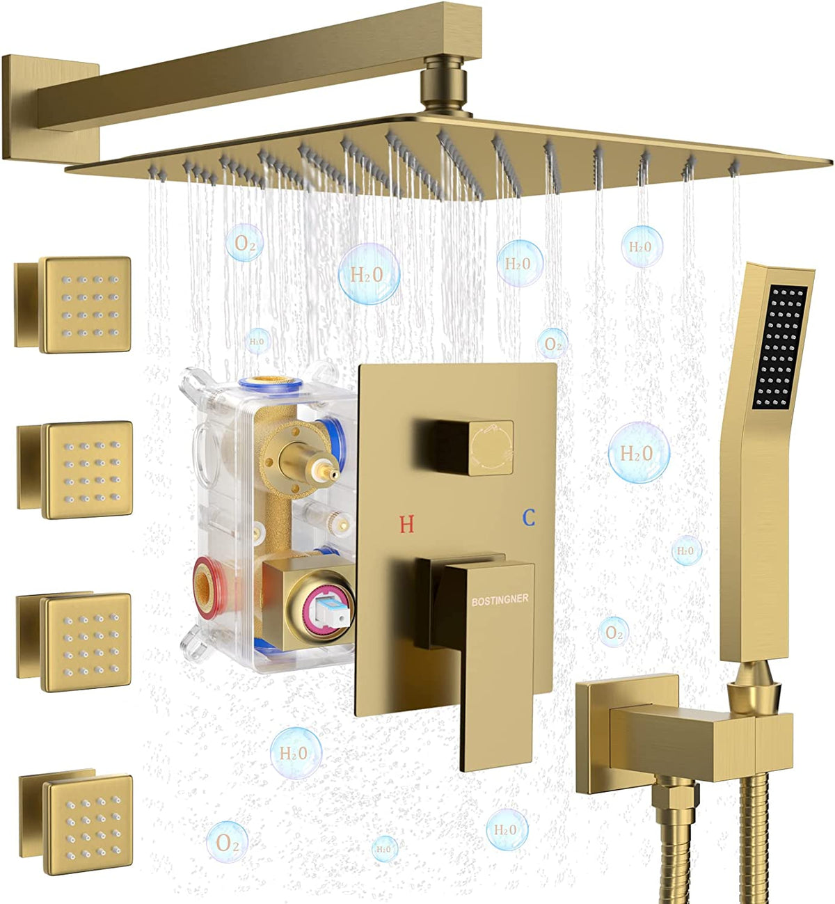 Bostingner Shower System with Body Spray Jets Wall Mounted Brushed Gol